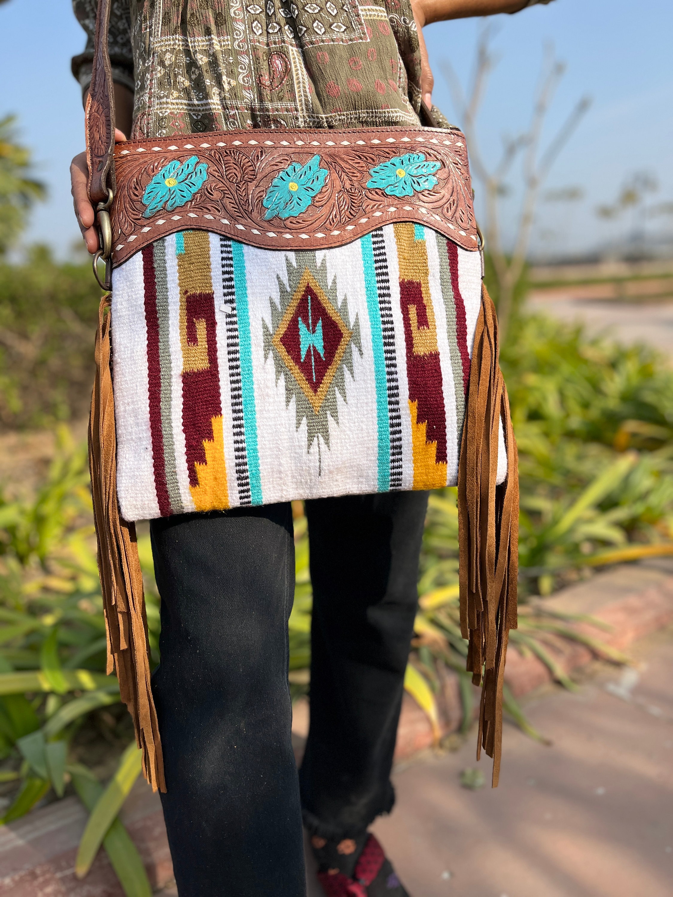 Aztec Saddle Blanket Handbag Hand Tooled Carving Fringe Purse Western ...