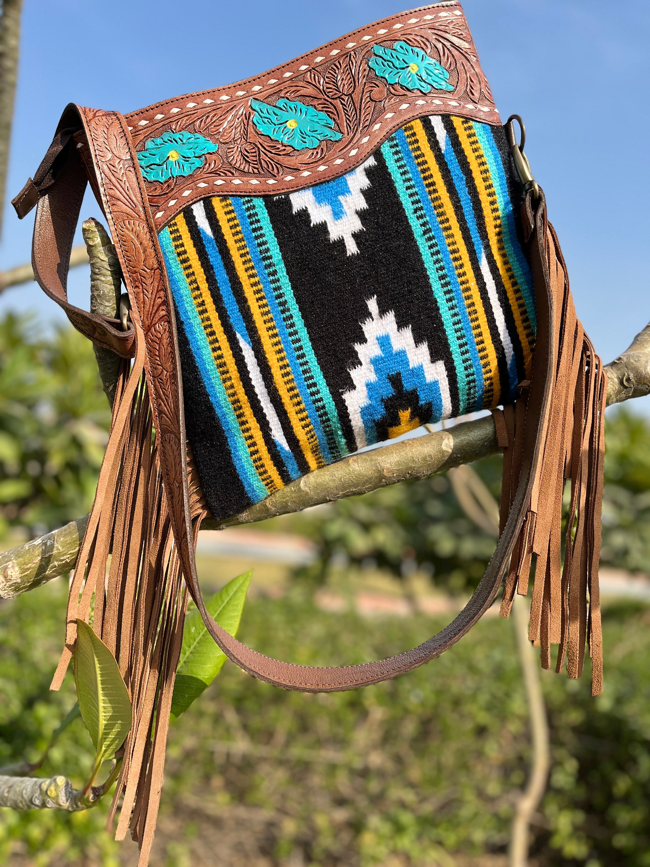 Aztec Saddle Blanket Handbag Hand Tooled Carving Fringe Purse Western ...