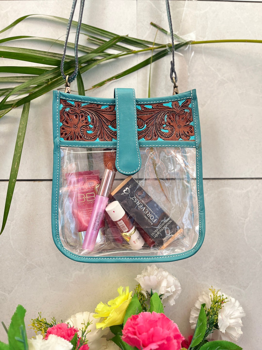 Hand Tooled Carving Leather Turquoise Color Transparent Clear Bag ...