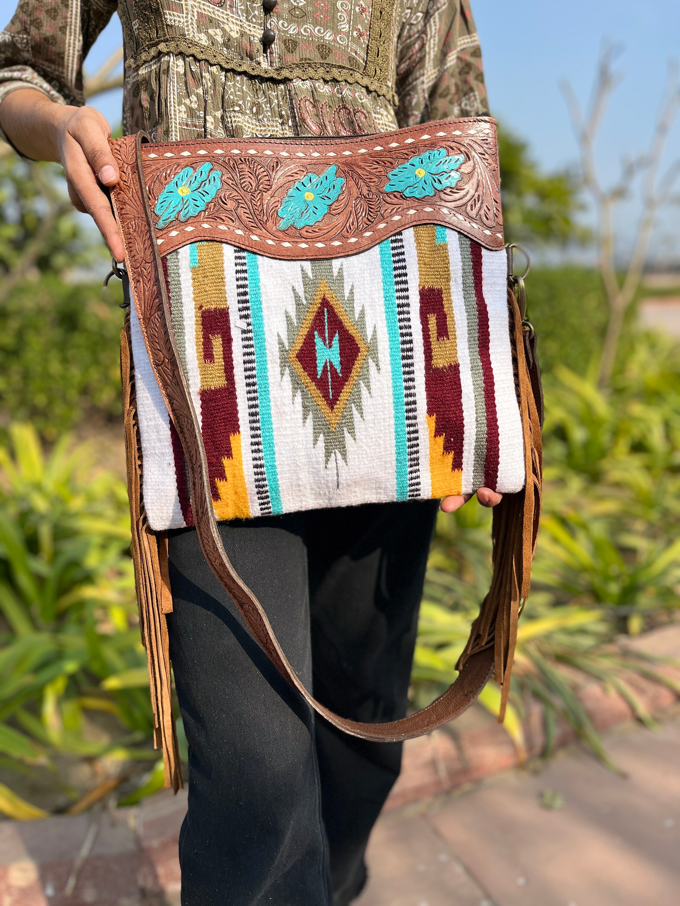 Aztec Saddle Blanket Handbag Hand Tooled Carving Fringe Purse Western ...