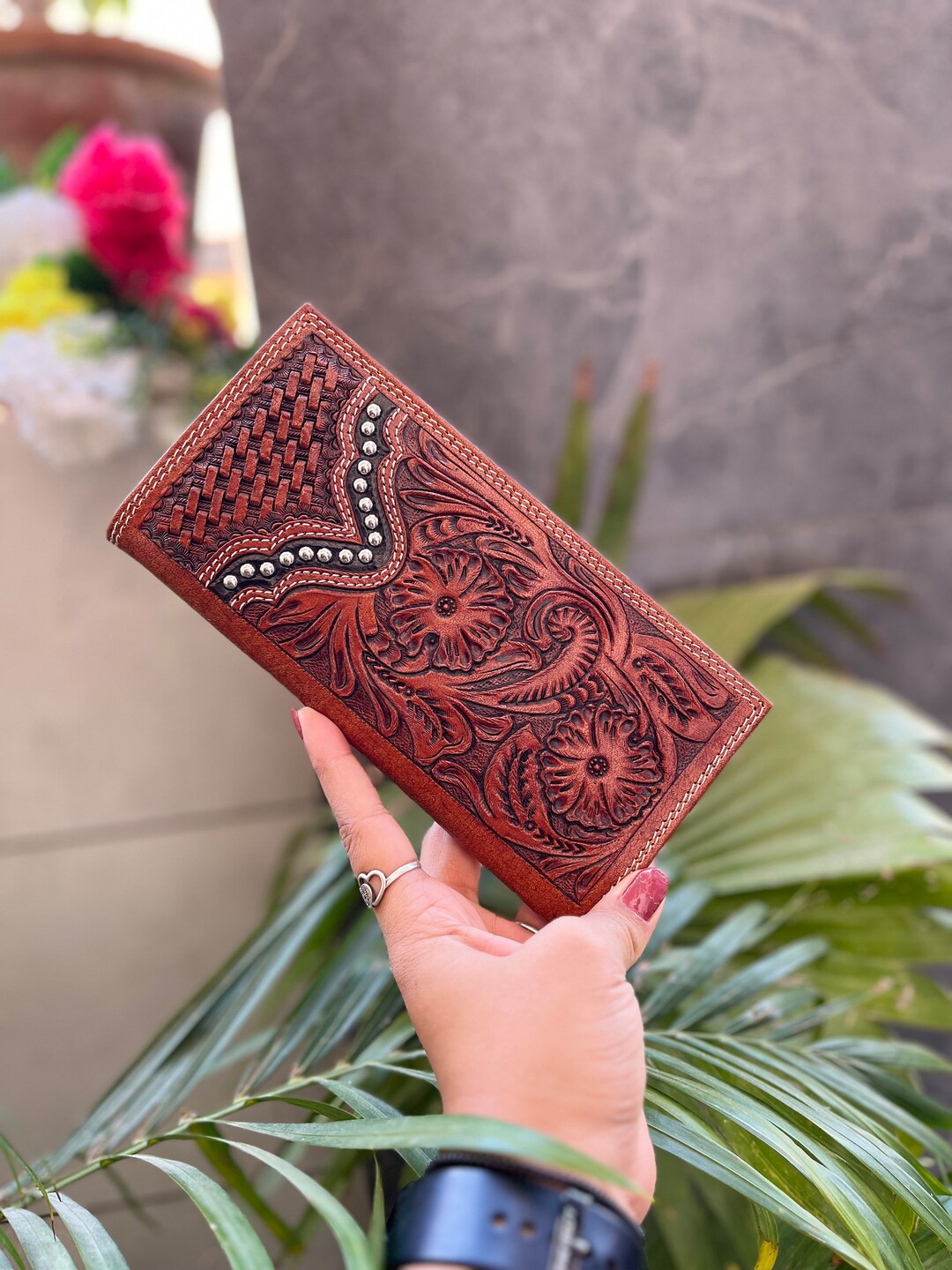 Hand Tooled Leather Long Wallet: Western Floral Carving Clutch for ...