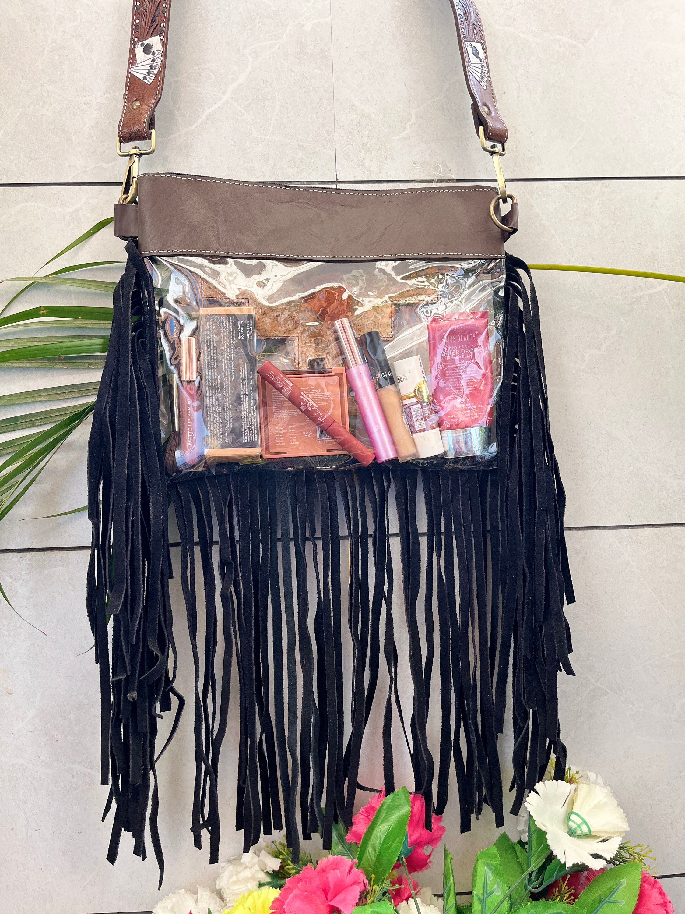 Western Fringe Transparent Clear Bag Stylish Hand Tooled Carving ...
