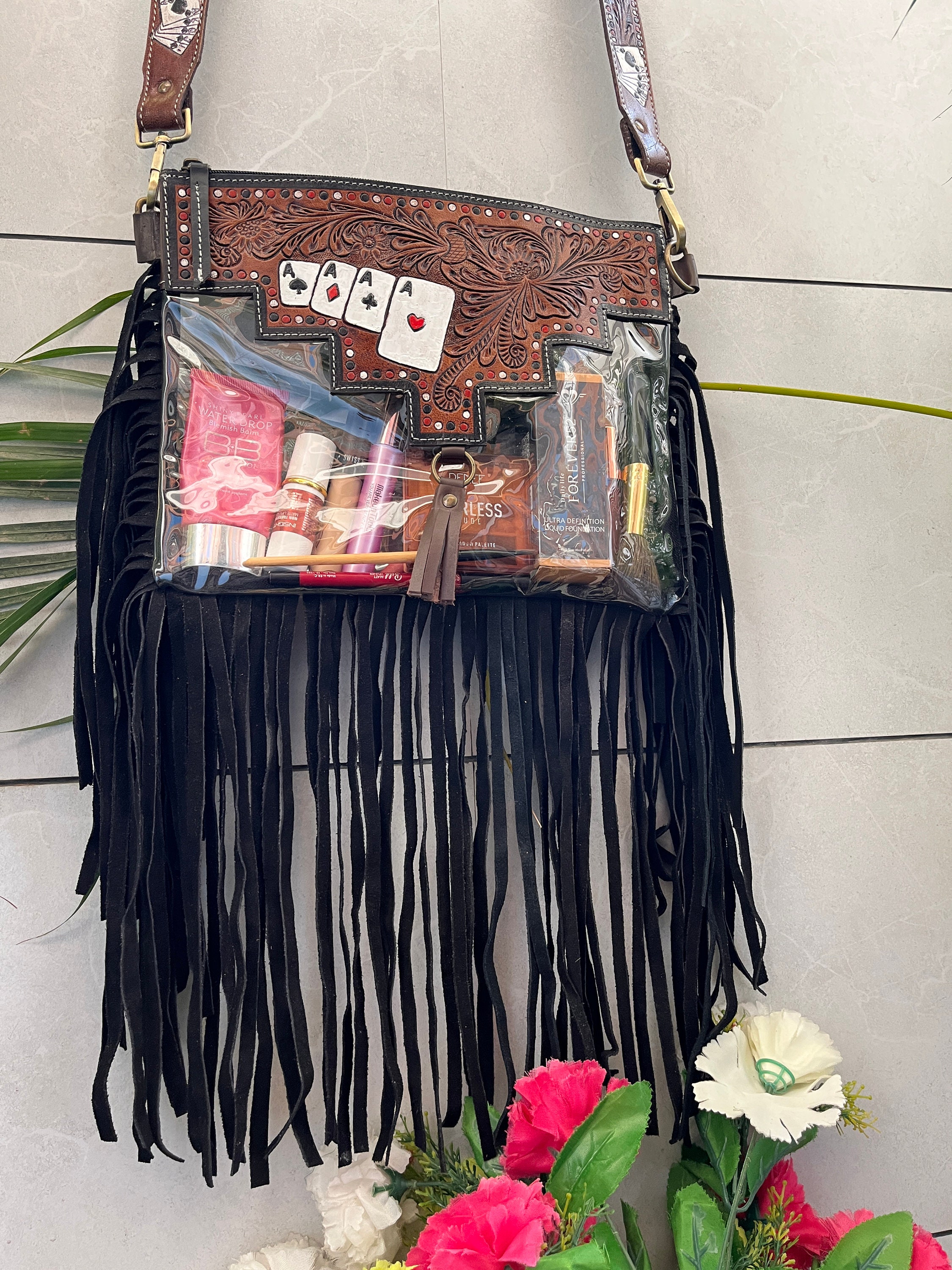Western Fringe Transparent Clear Bag Stylish Hand Tooled Carving ...