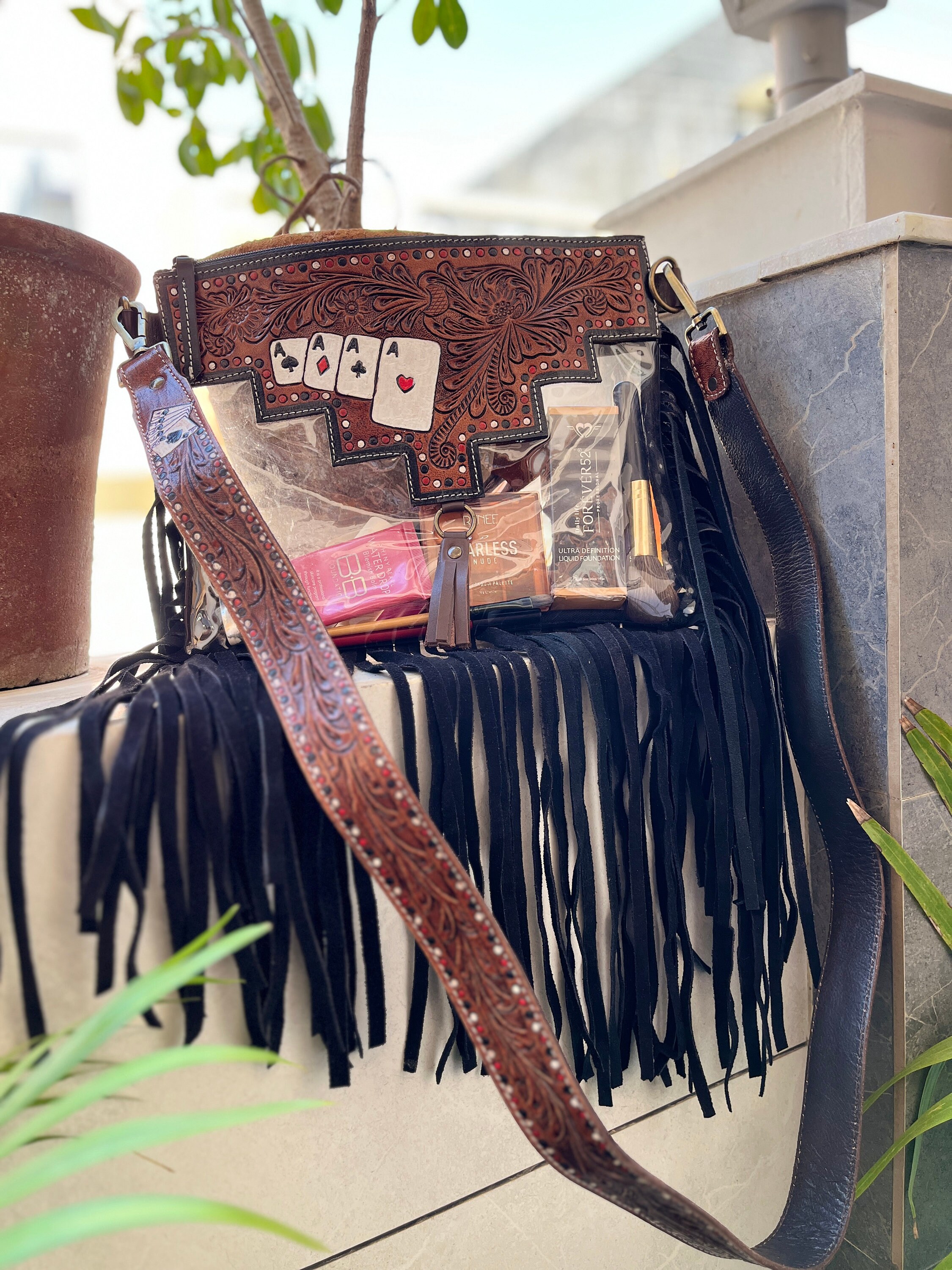 Western Fringe Transparent Clear Bag Stylish Hand Tooled Carving ...