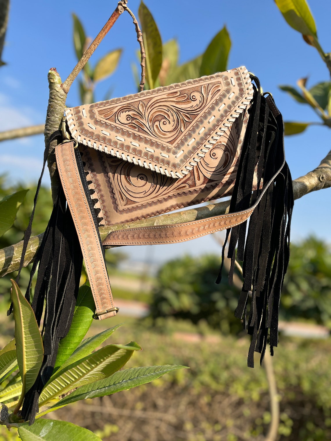 Handmade Leather Fringe Sling Purse: Western Hand Tooled Handbag - Etsy