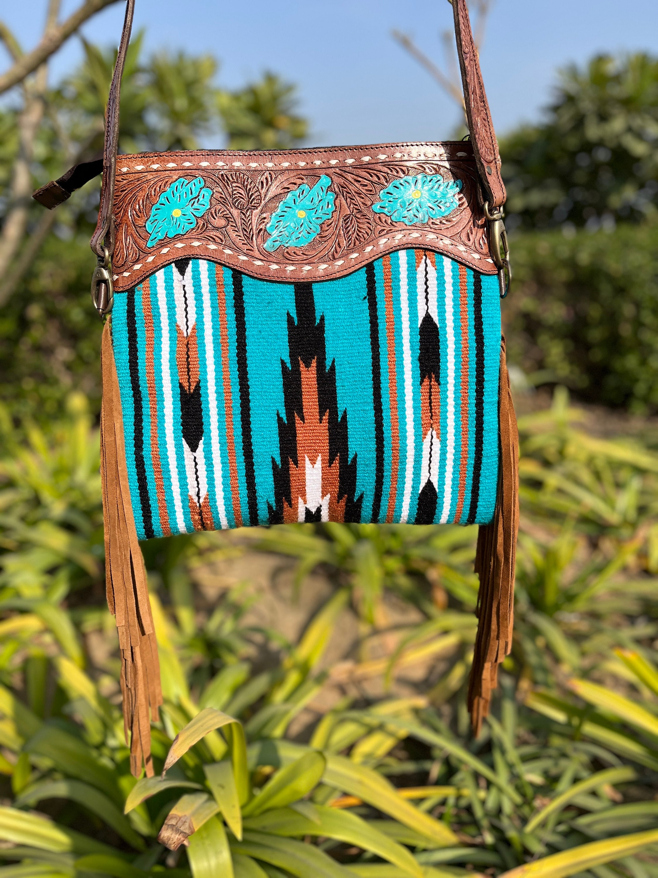 Aztec Saddle Blanket Handbag Hand Tooled Carving Fringe Purse Western ...