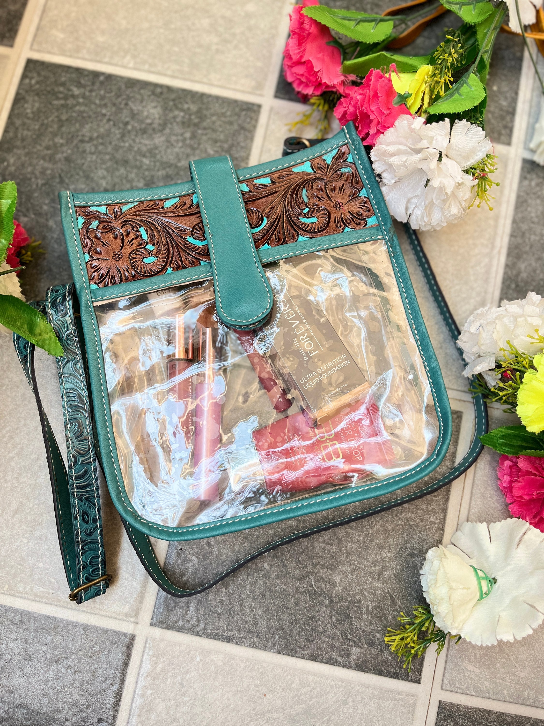 Hand Tooled Carving Leather Turquoise Color Transparent Clear Bag ...