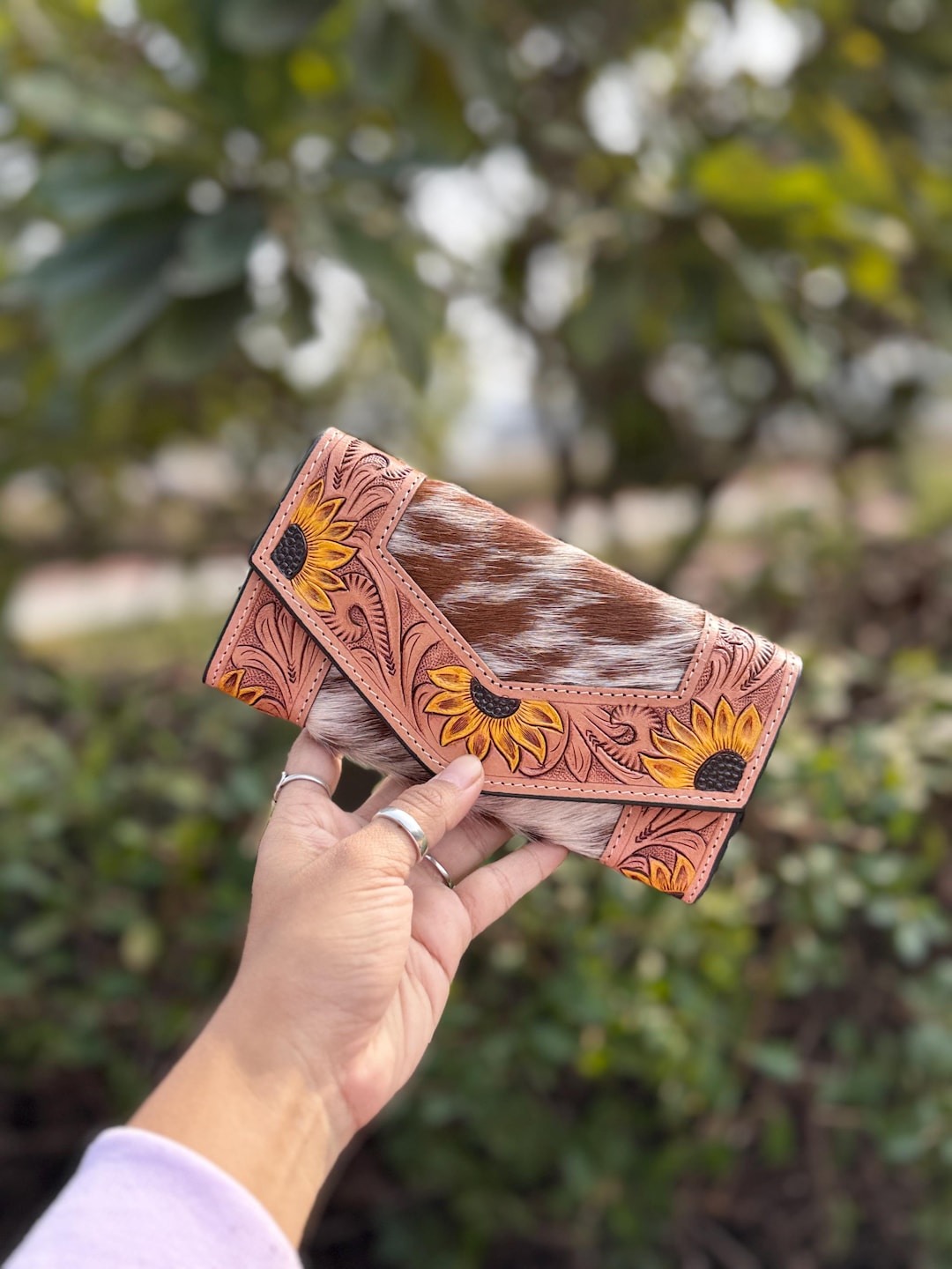Hand Tooled Carving Leather Clutch Phone Case Stylish Cowhide Fur ...