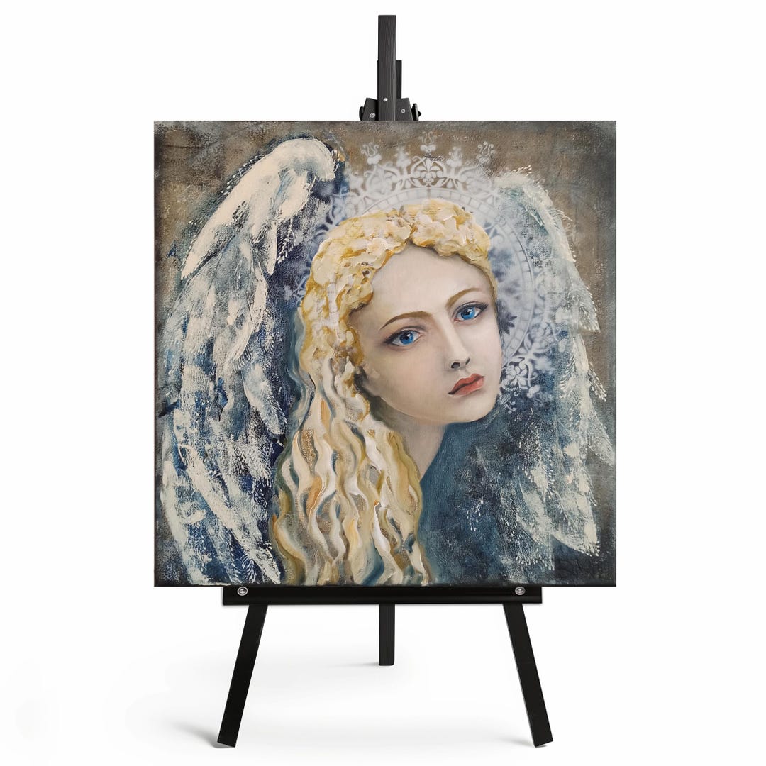 Angel Original Painting, White Angel Artwork Aangel Wings Wall Art ...