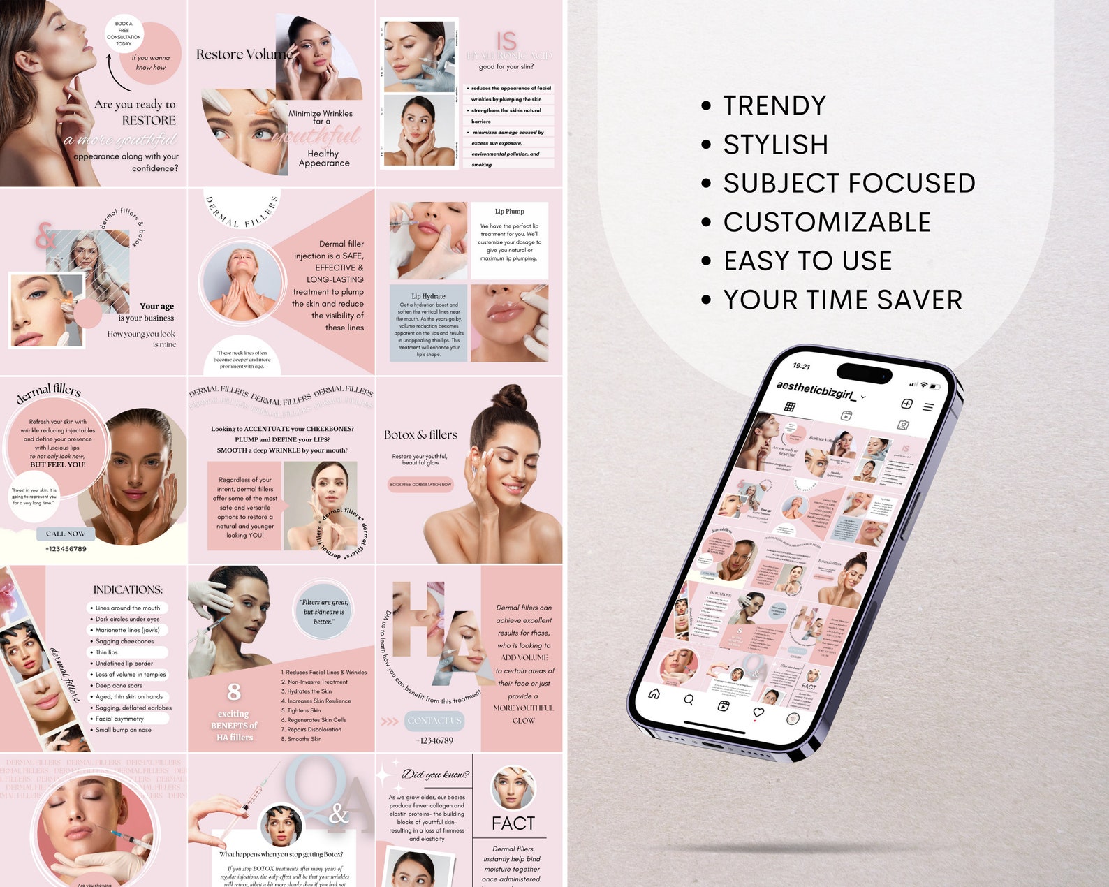 Dermal Fillers Instagram Post Templates, Hyaluronic Acid IG Feed, Botox ...