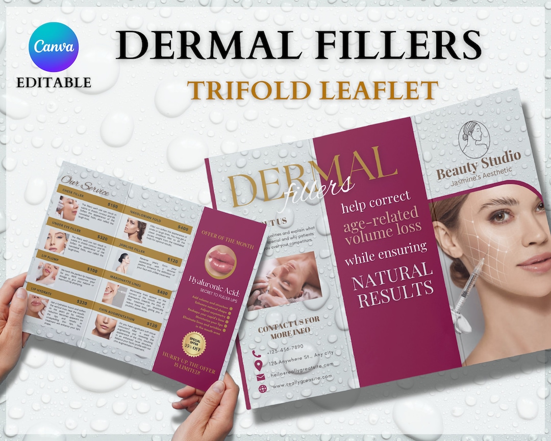 Dermal Filler Trifold Leaflet, Editable Filler Booklet, Hyaluronic Acid ...