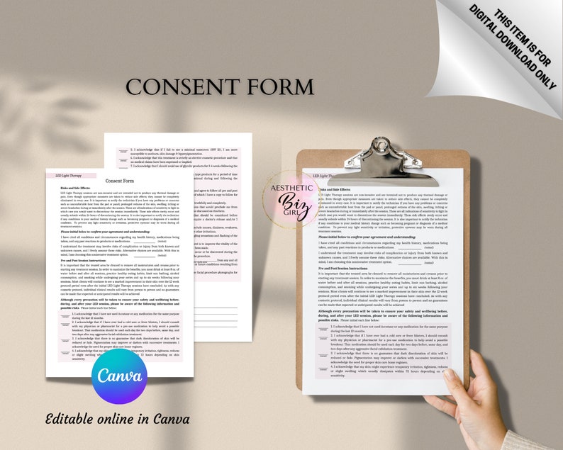 LED Light Therapy Client Intake Forms, Editable Facial Consultation ...