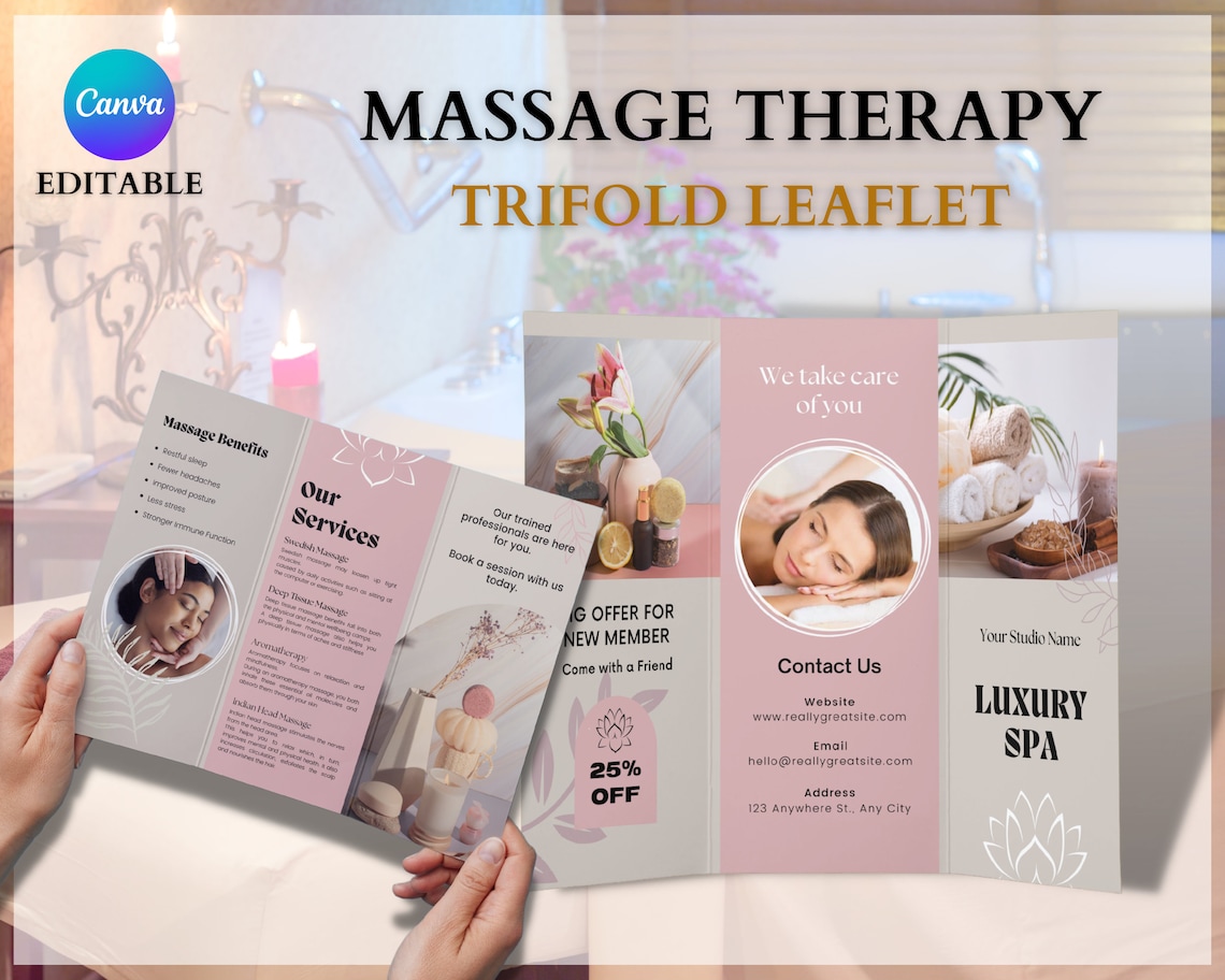 Massage Therapy Leaflet, Trifold Spa Salon Brochure, Editable Massage Therapy Booklet, Beauty ...