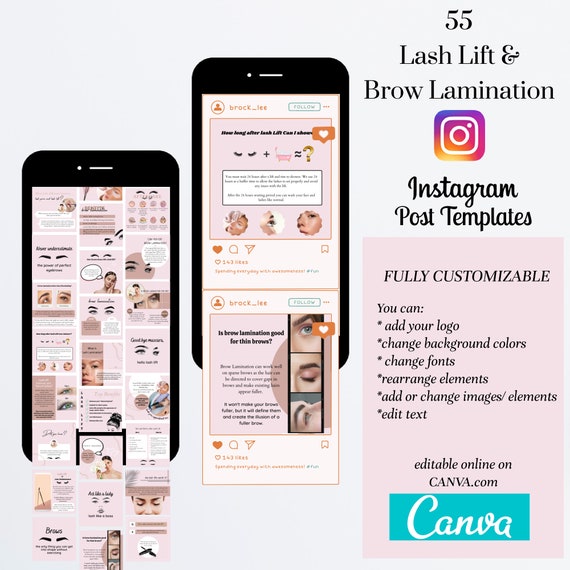 Editable Lash Lift & Brow Lamination Instagram Post Templates Pink/Nude ...