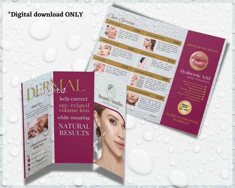 Dermal Filler Trifold Leaflet, Editable Filler Booklet, Hyaluronic Acid ...