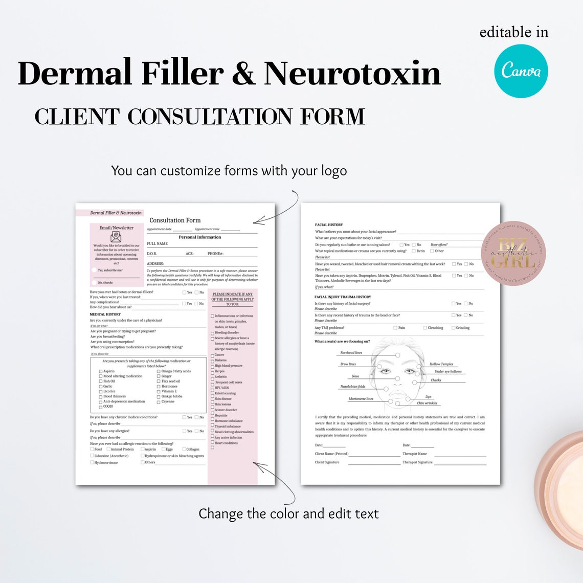 Editable Dermal Filler/ Botox/ Botulinum Toxin Forms - Etsy