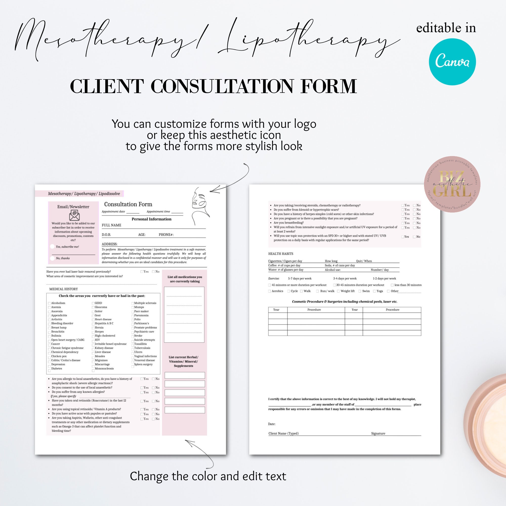 Editable Mesotherapy/ Lipotherapy/ Lipodissolve Forms, Esthetician ...