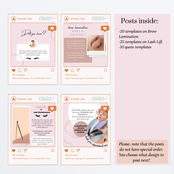 Editable Lash Lift & Brow Lamination Instagram Post Templates Pink/Nude ...