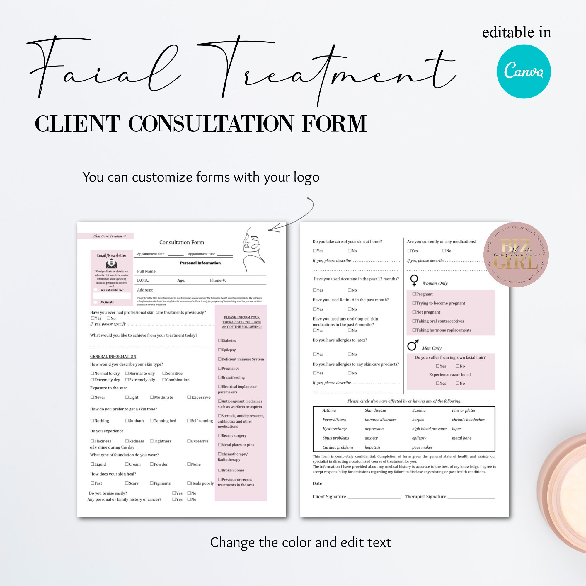 Editable Aesthetician Templatesprintable Skincare Forms - Etsy