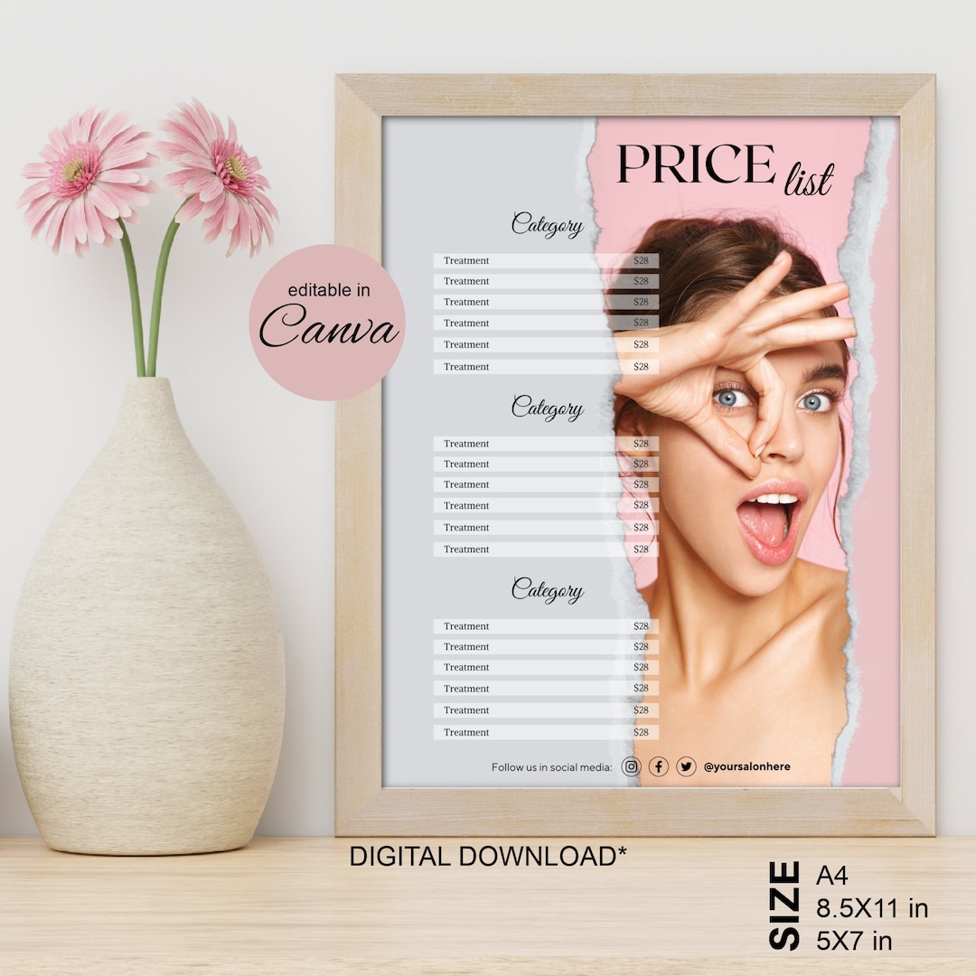 Esthetician Price List Template, Beauty Salon Price List Editable in ...