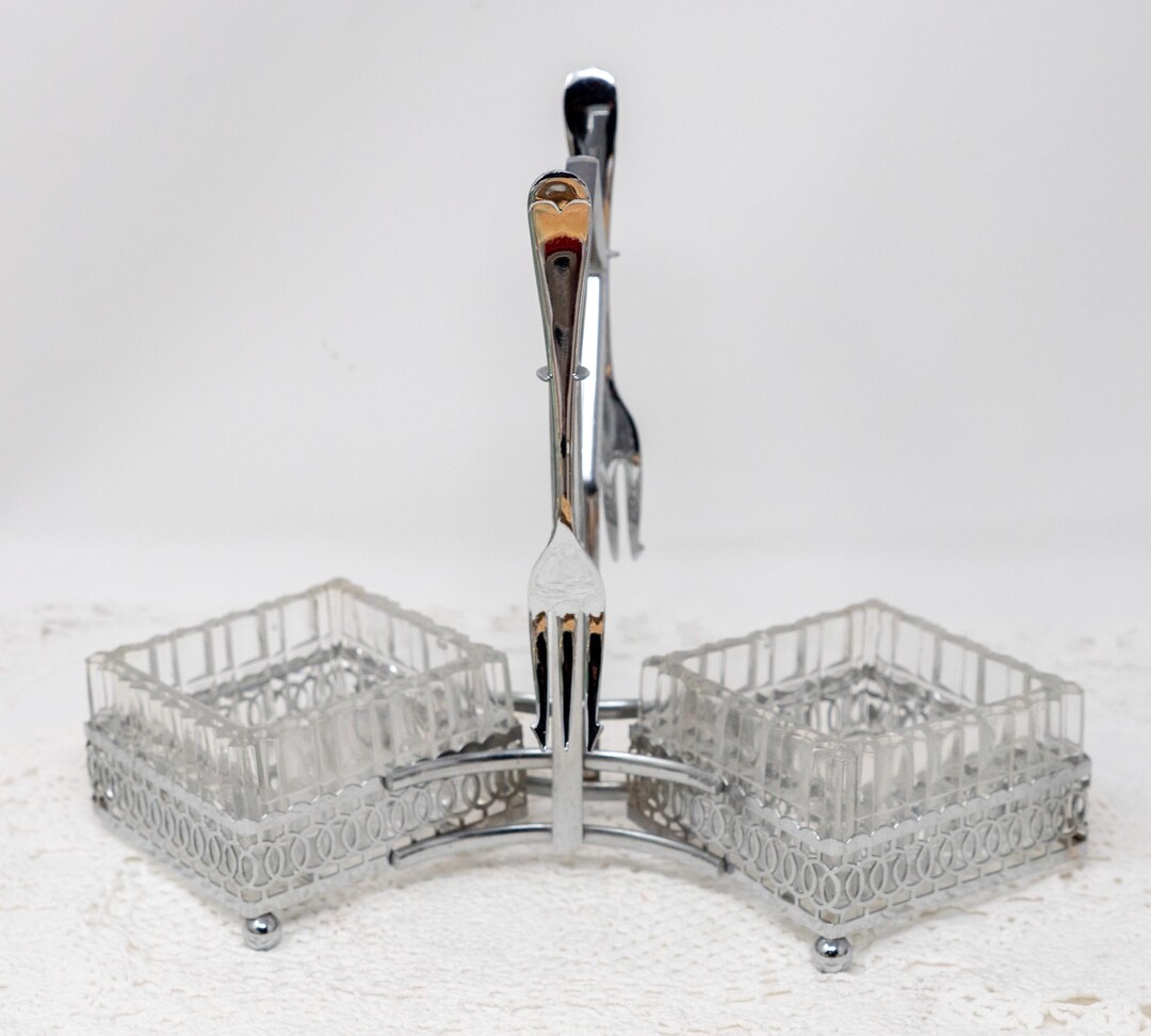 Vintage Glass Condiment Caddy With Forks - Made in England - Etsy