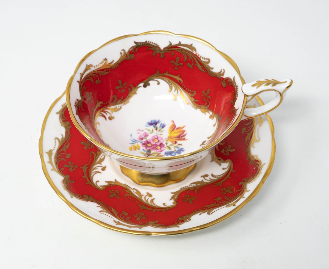 Royal Stafford Red Waves Teacup and Saucer, Golden Filigree Decor ...