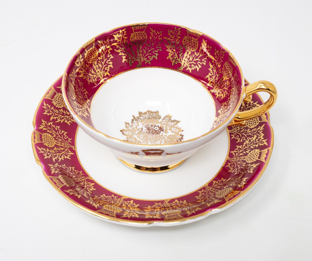 Stanley Burgundy Red Teacup and Saucer Set, Golden Thistle, Filigree ...