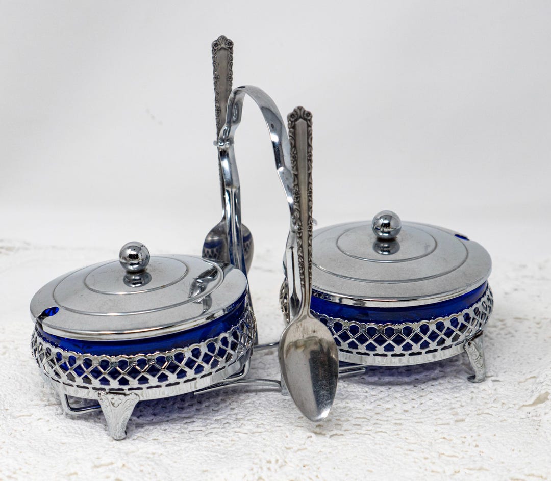 Vintage Mayell England Cobalt Blue Glass Jam Server With Spoons - Etsy