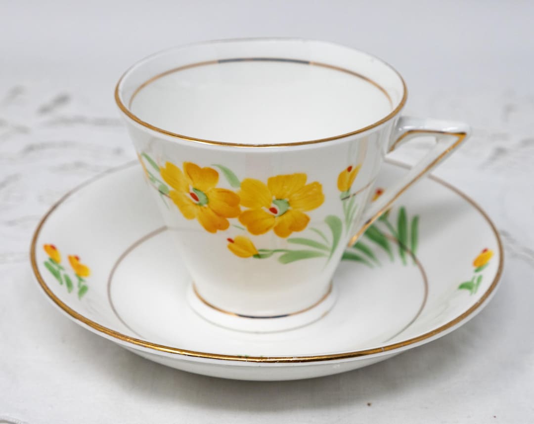 Vintage Phoenix Bone China Teacup & Saucer: Hand-painted Yellow Flowers ...
