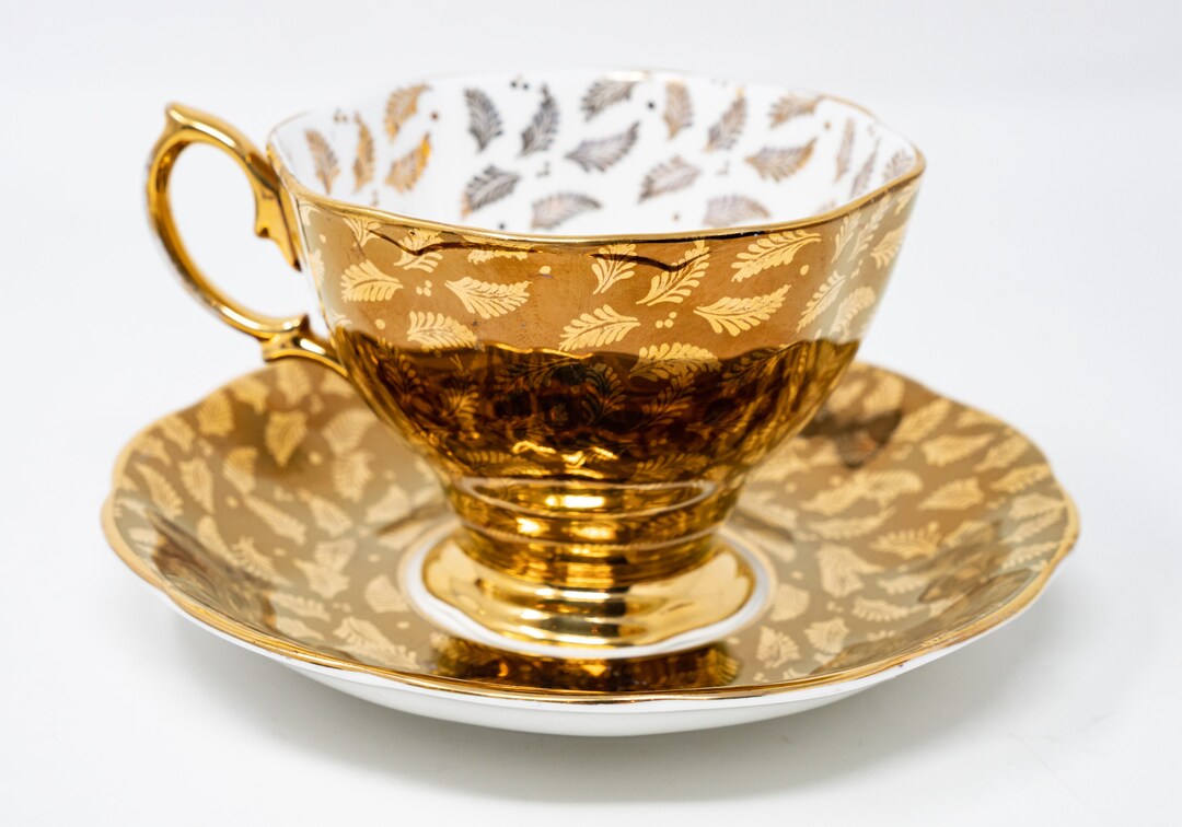 Royal Albert Golden Teacup and Saucer Set, Feather / Fern Chintz ...