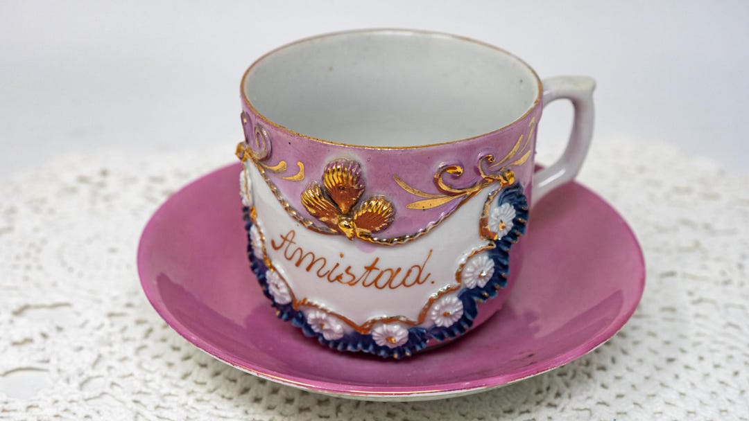Antique German Teacup and Saucer, Pink Lusterware, "amistad", Victorian Cup, Antique Dinnerware ...