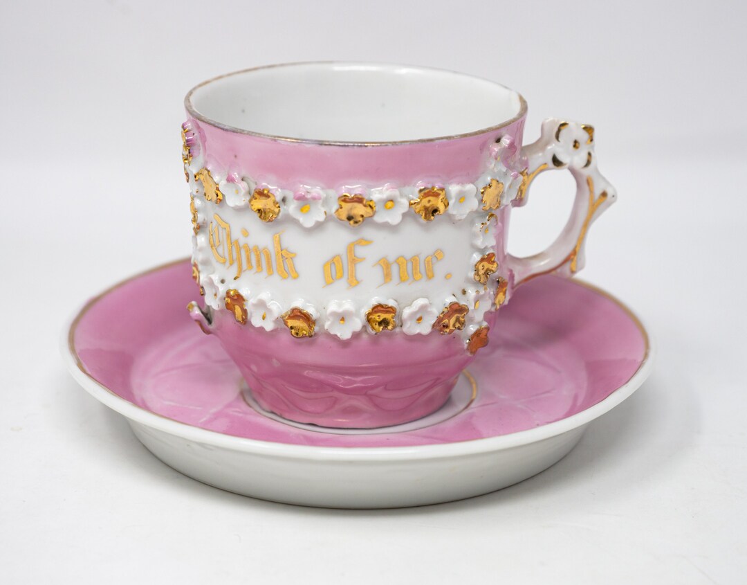 Antique German Teacup and Saucer, Pink Lusterware, think of Me ...