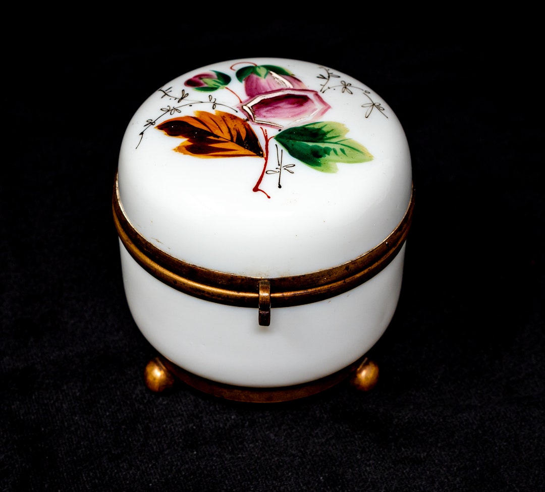 Large Antique Hinged Jewelry Box, Round Shape, Bell Flower Decoration ...