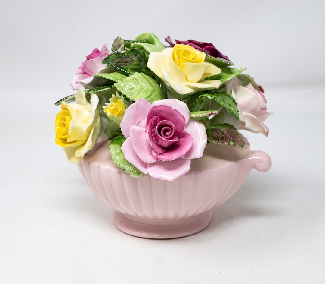 Royal Adderley Large Bone China Handled Basket With Flowers, Made in ...