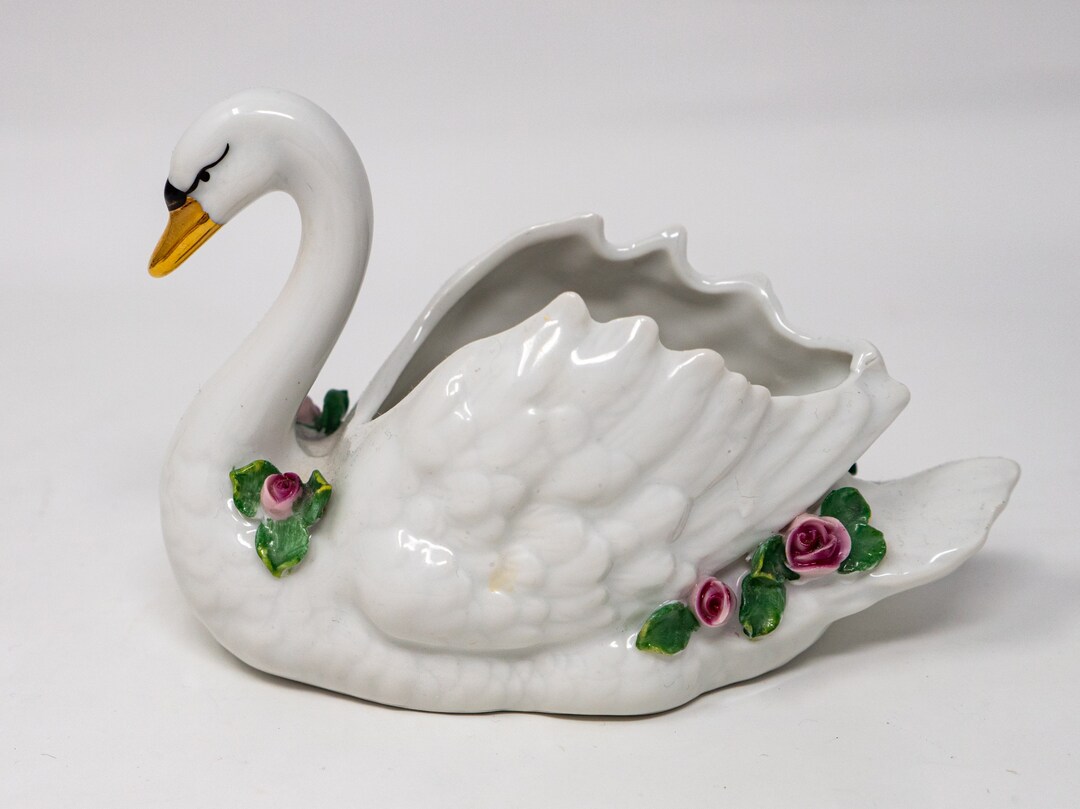 Dresden Porcelain Swan Figurine With Pink Roses, Small Planter Vase ...
