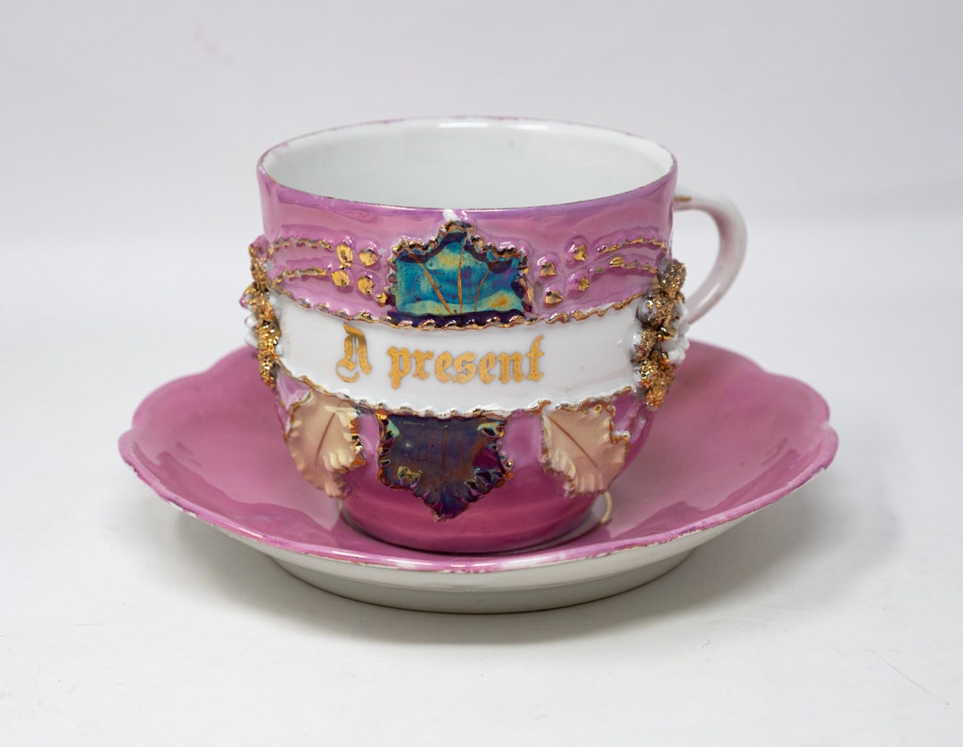 Antique German Teacup and Saucer, Pink Lusterware, "a Present ...