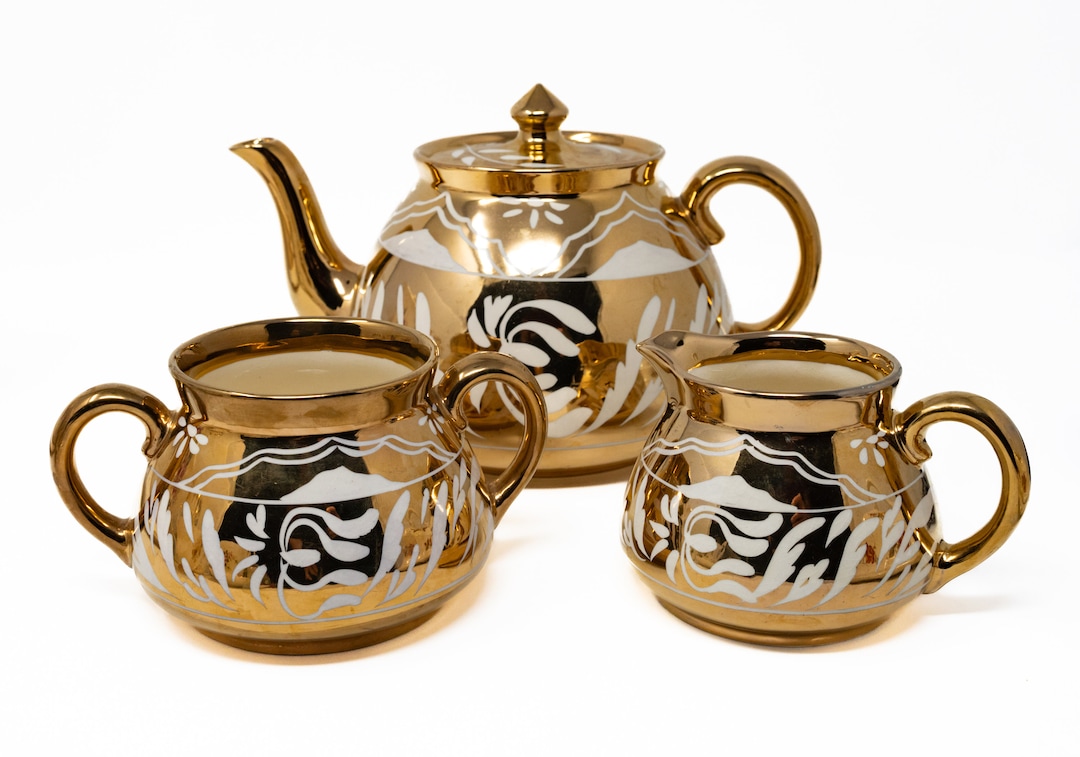 Gibson's Golden Tea Serving Set: Teapot, Sugar Bowl, Creamer, Vintage ...