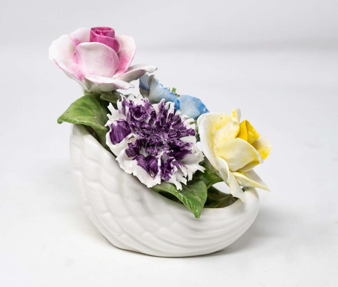 Randor Elongated Shell-shaped Basket With Ceramic Flowers, Hand-painted ...