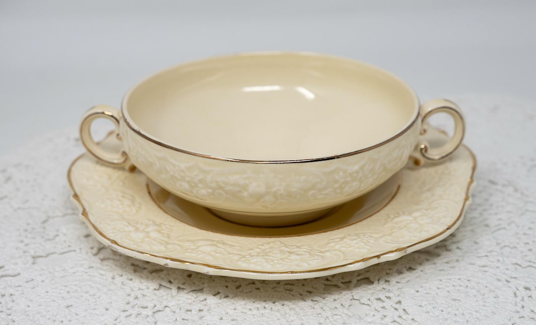 Crown Ducal Cream Soup Bowl & Underplate: Embossed Transferware ...