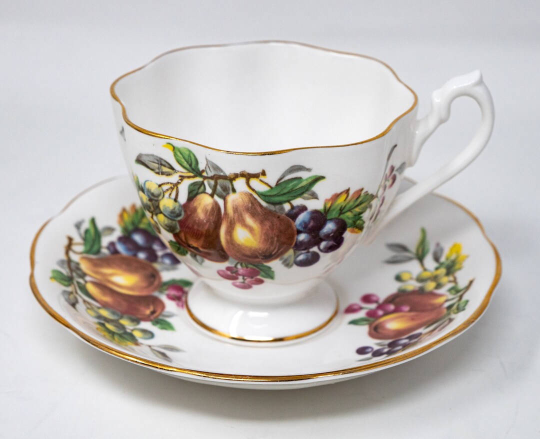 Queen Anne Fruit-themed Teacup and Saucer Set, Berries, Pears, Grapes ...