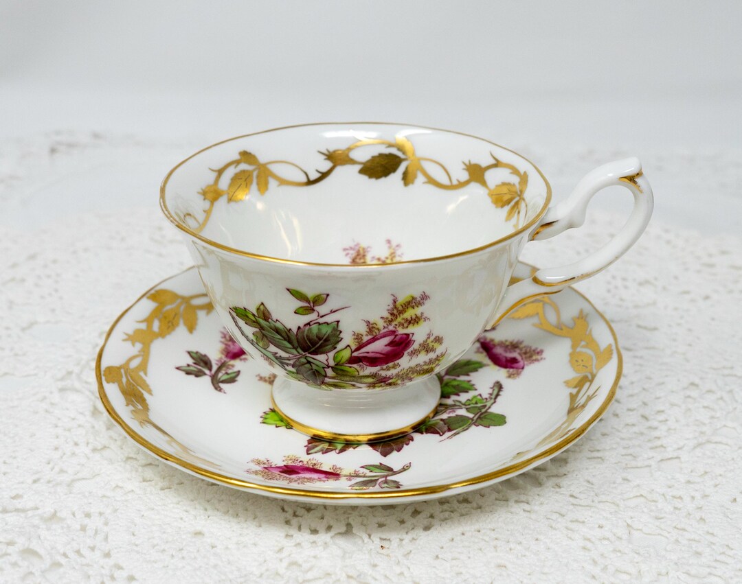 Royal Chelsea "moss Rose" Teacup and Saucer Set, Vintage Bone China ...