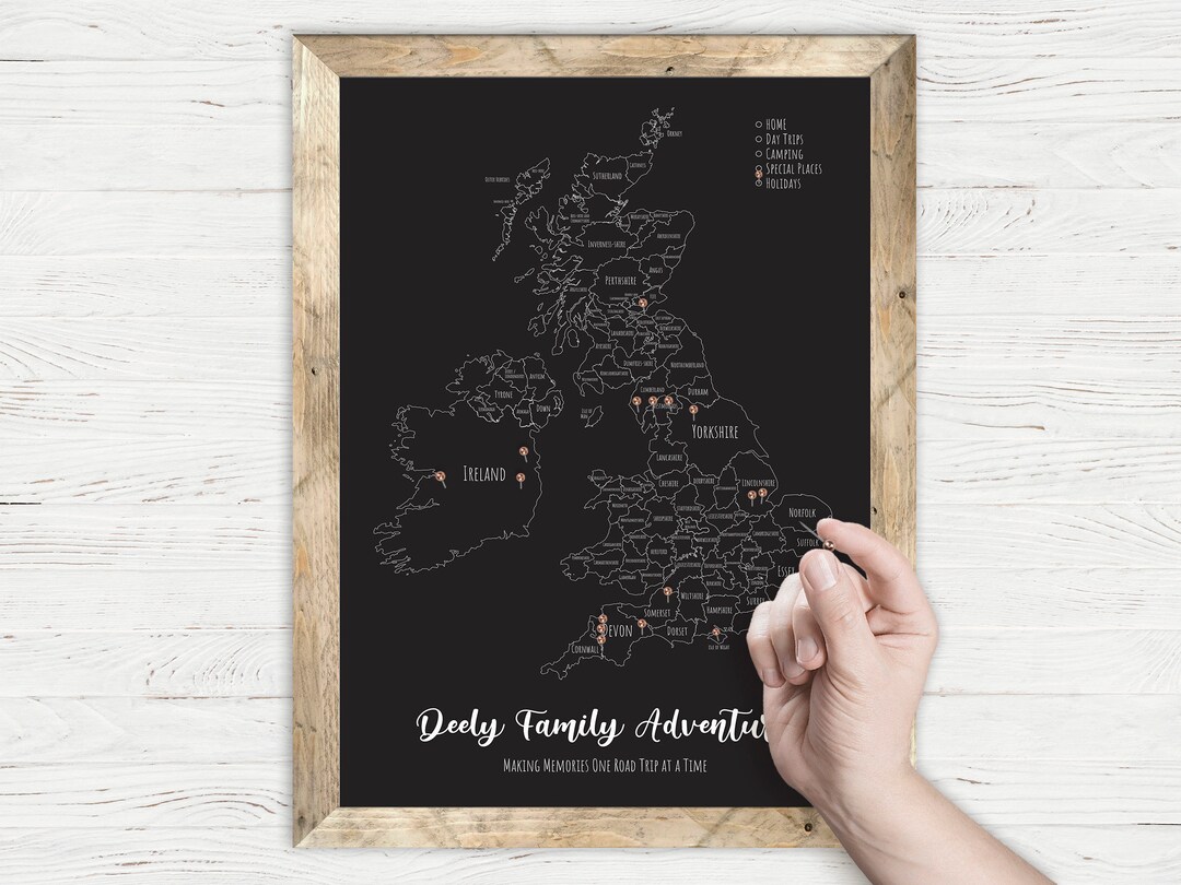 Personalised Black UK Pin Map Custom Poster, Print, Handmade Frame, Pin ...