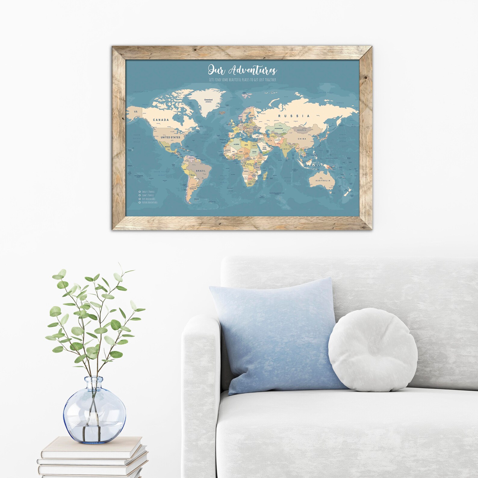 WORLD PIN MAP, Blue World Map Push Pin, Framed Push Pin Map ...