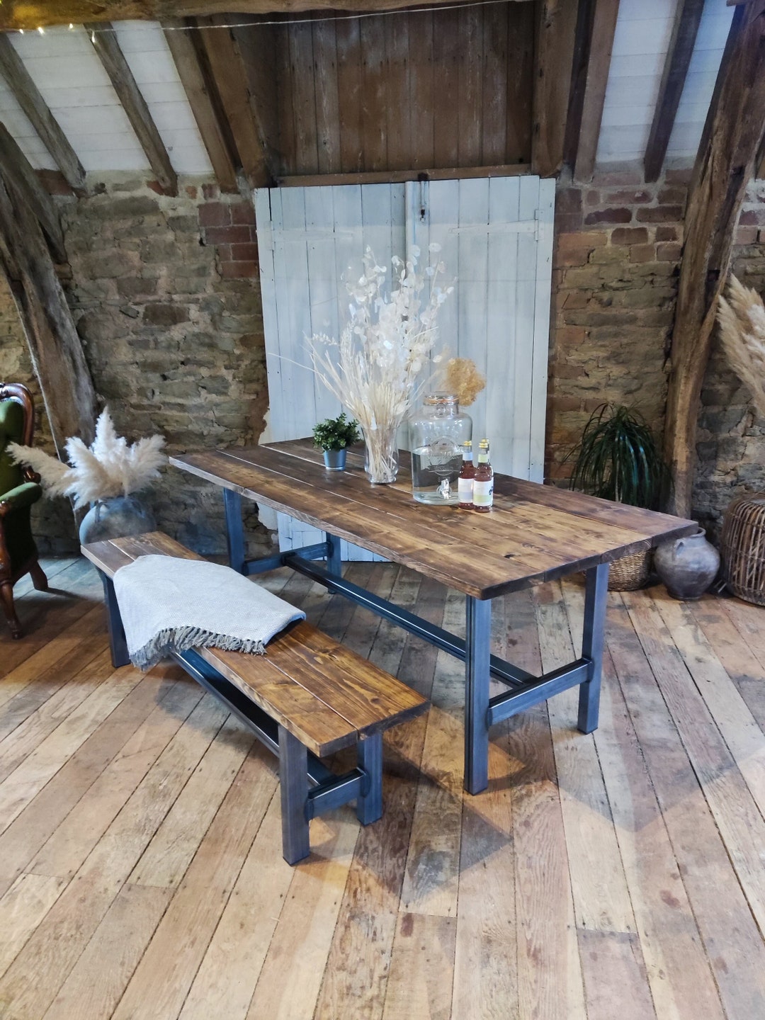 Rustic Dining Table and Bench, Industrial Dining Table, Chunky ...