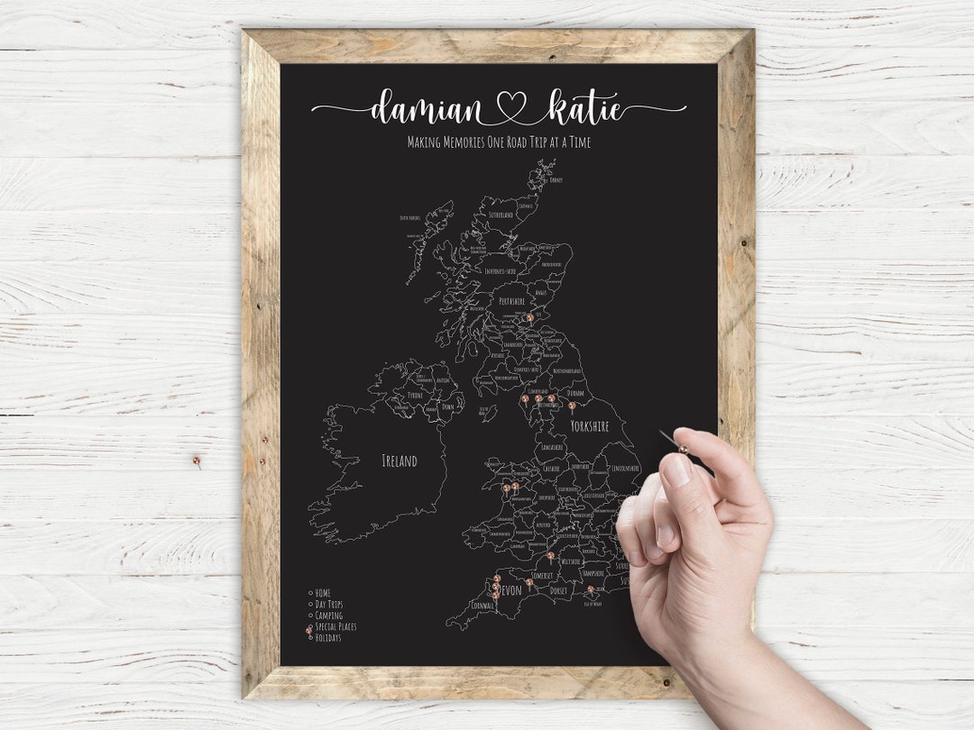 Personalised Black UK Pin Map UK Poster, Print, Handmade Frame, Pin ...