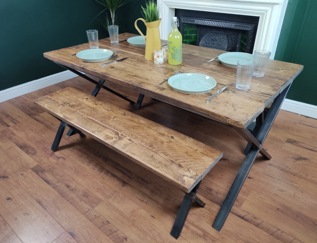 Rustic Dining Table & Bench Set Handmade Industrial Style Table and ...