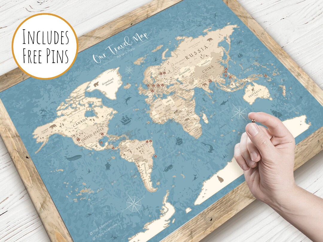 WORLD PIN MAP, Blue World Map Push Pin, Framed Push Pin Map ...
