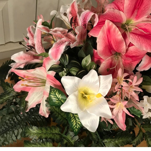 Large Pink Lily and Tiger Lily Cemetery Saddle, Lily Cemetery Saddle ...
