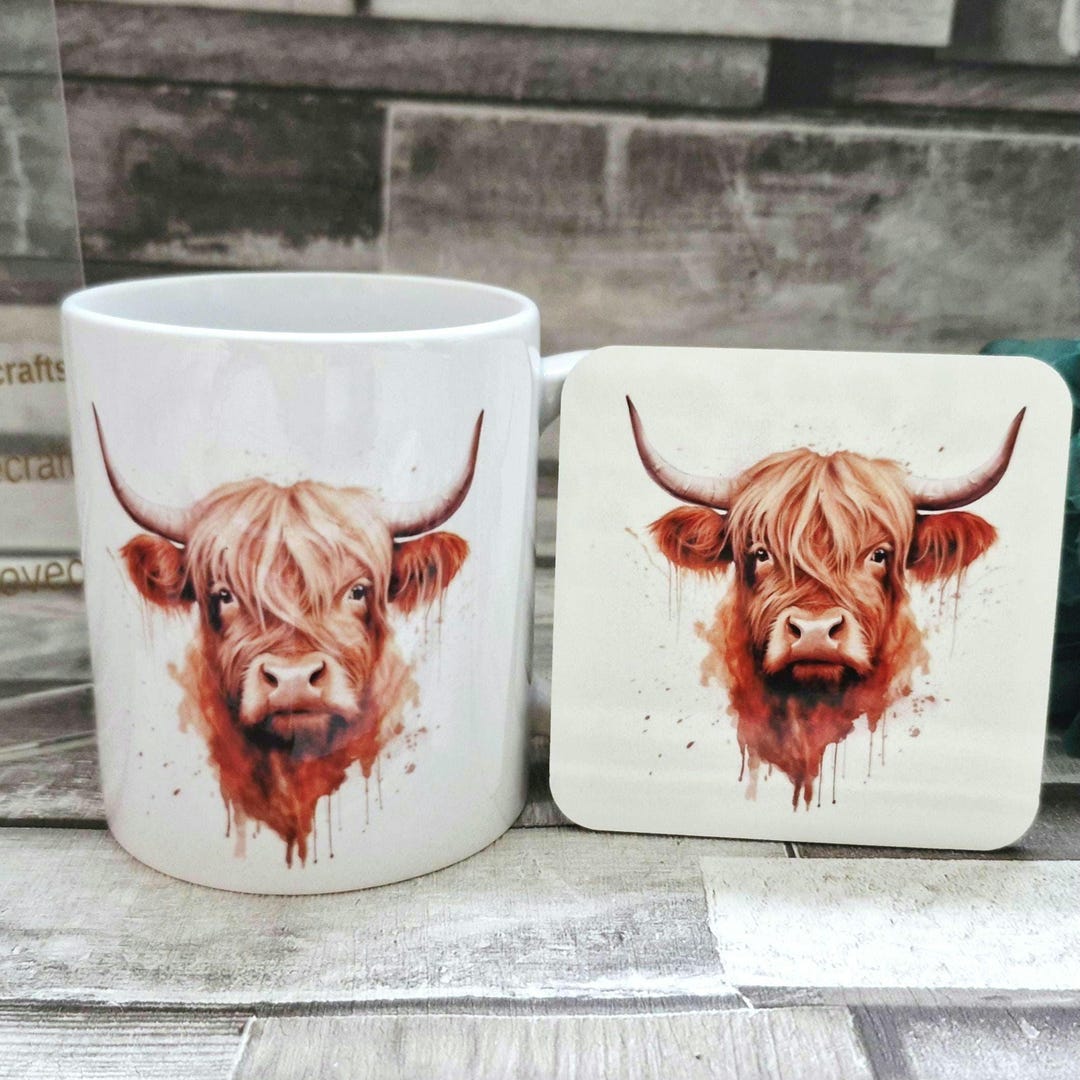 Highland Cow Mug, Paint Drip Highland Cow, Highland Cow Coaster ...