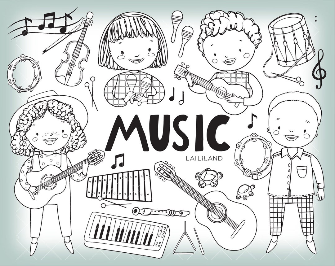 Music Black and White Clipart Musical Instruments Doodle - Etsy